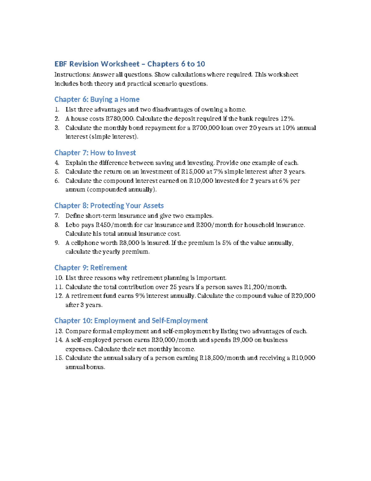 EBF Revision Worksheet: Chapters 6-10 Overview & Exercises - Studocu