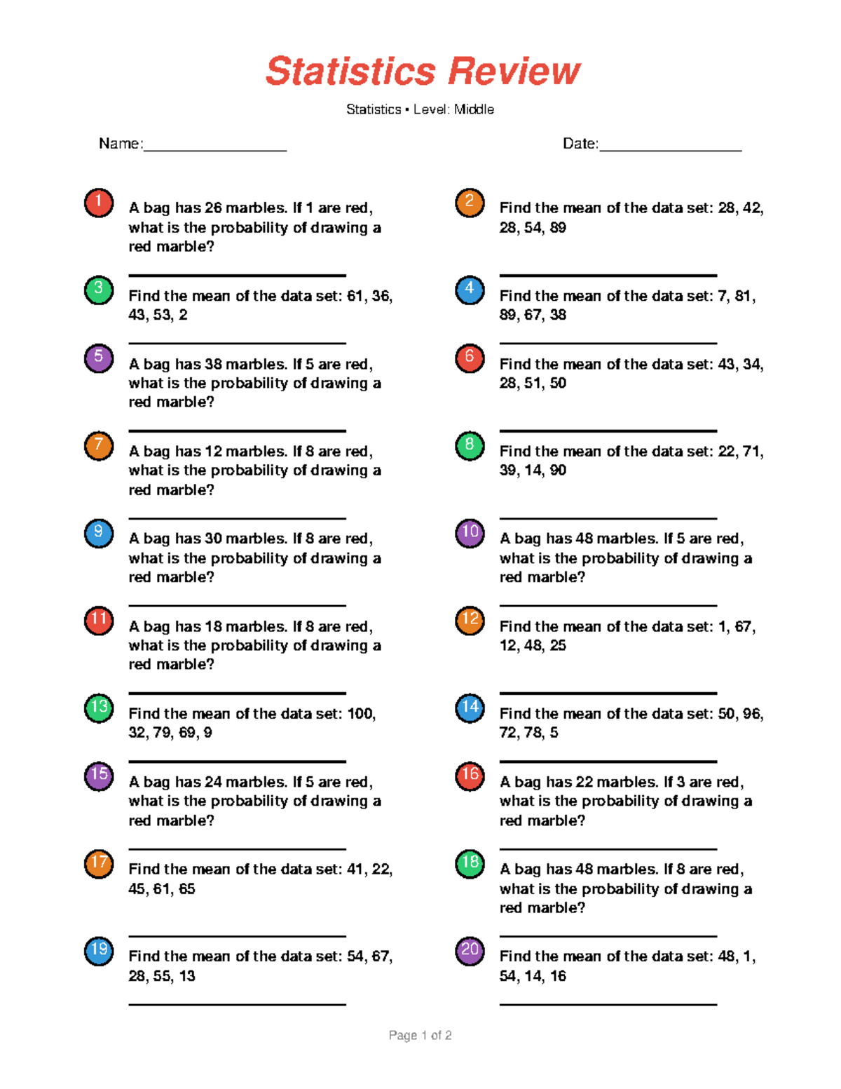 Statistics Review: Probability & Mean Calculations (Level: Middle 1 ...