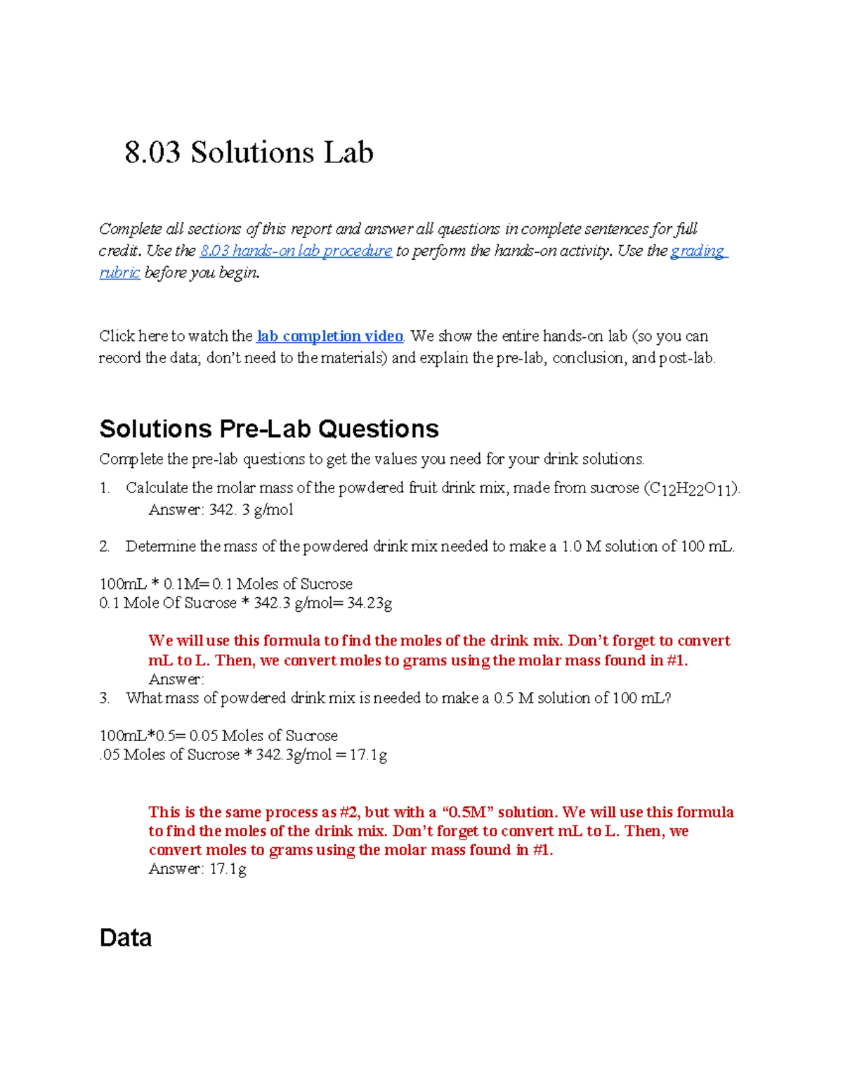 8.03 Lab Solutions Report: Molarity Calculations & Observations - Studocu