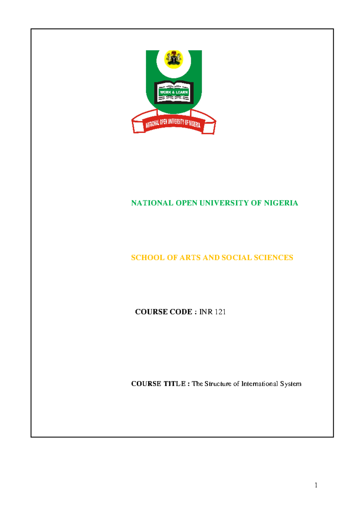 INR 121 Course Guide: Understanding the Structure of International ...