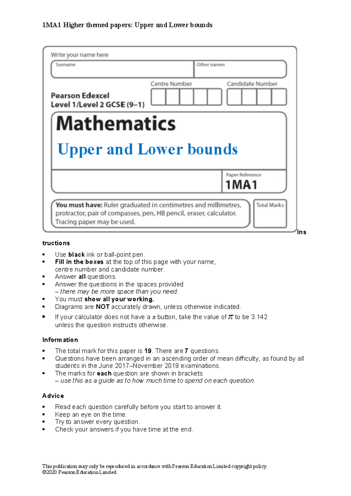 1MA1 Higher Themed Paper: Upper and Lower Bounds Exam Questions - Studocu