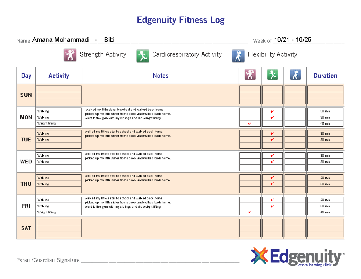 Edgenuity Fitness Log: Week 11 Activity Summary (Oct 21-25) - Studocu