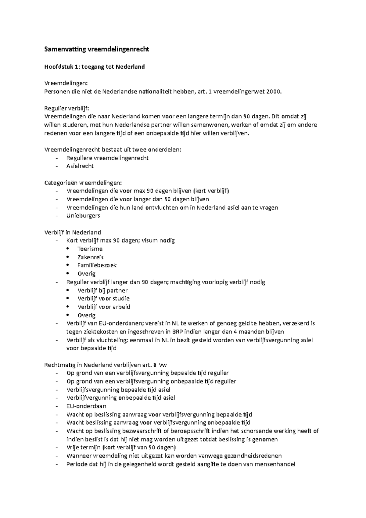 Samenvatting vreemdelingenrecht - 1 vreemdelingenwet Regulier verblijf ...