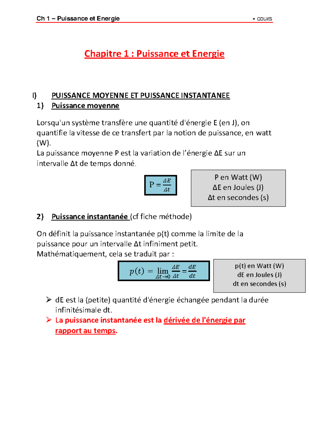 Chapitre 1 - Puissance Instantanée et Énergie (Cours) - Studocu