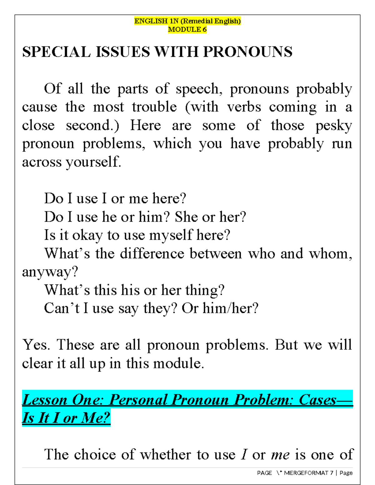 ENG 1N (Remedial English) Module 6: Mastering Pronoun Usage - Studocu