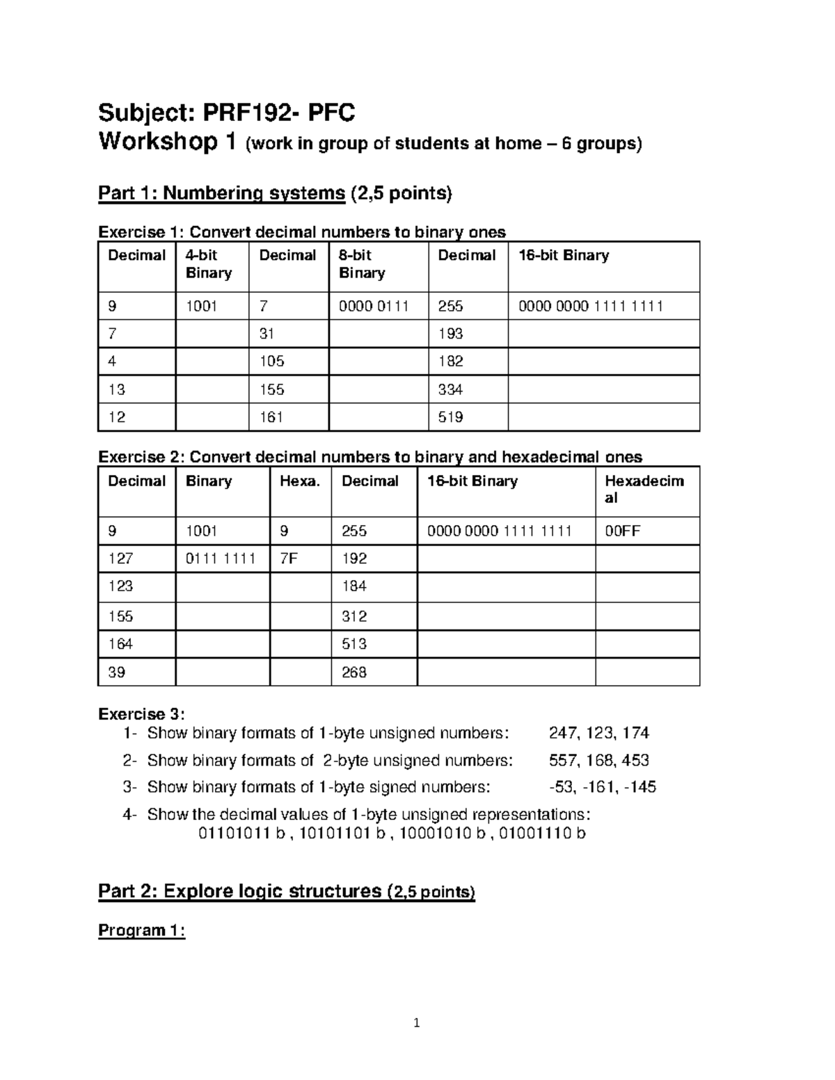 PFC Workshop 1: Numbering Systems & Logic Structures Exercises - Studocu