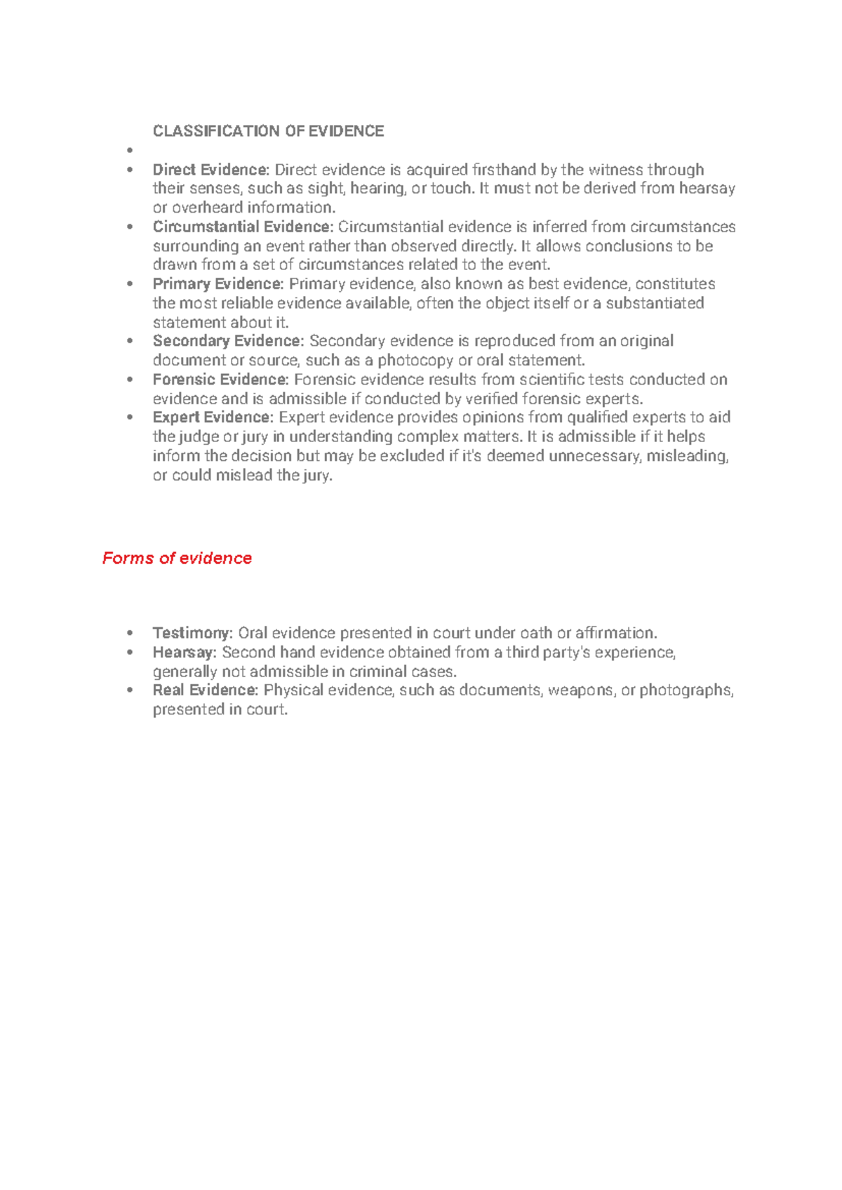 LAW 101: Classification of Evidence - Types and Definitions - Studocu