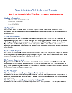 WGU - Orientation Task - Submission that I passed with - GOM1 Orientation Task 1 Assignment ...