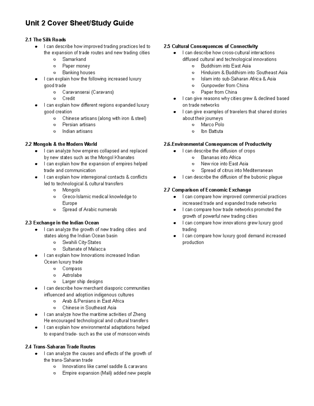 Unit 2 Study Guide: The Silk Roads, Mongols, & Trade Networks - Studocu