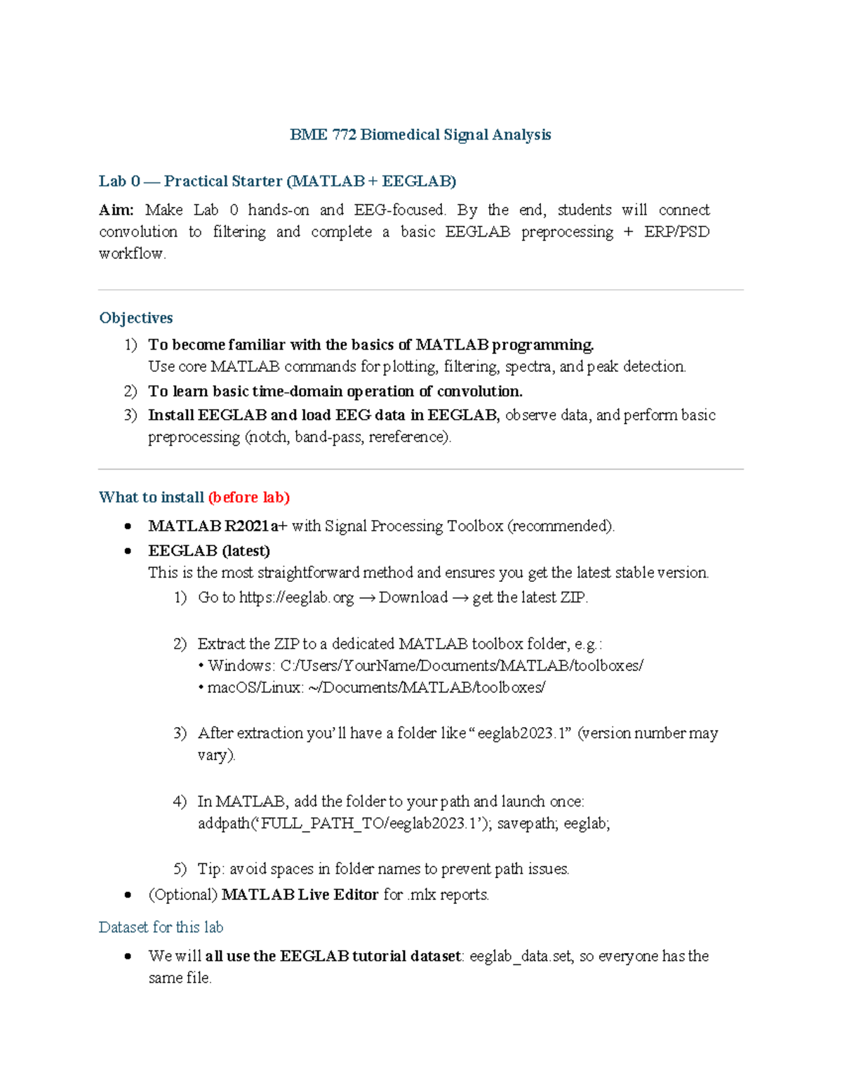 BME 772 Lab 0 Manual: MATLAB EEGLAB Practical Guide - Studocu