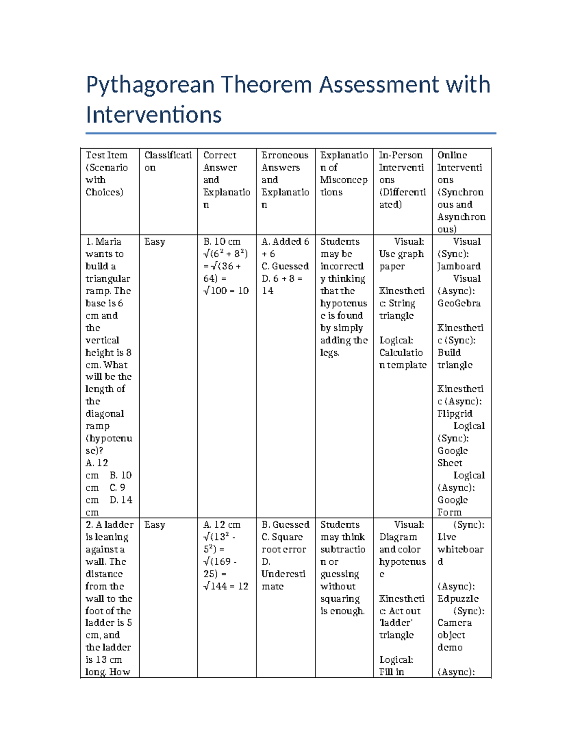 Pythagorean Theorem Interventions Assessment (Math 101) - Studocu