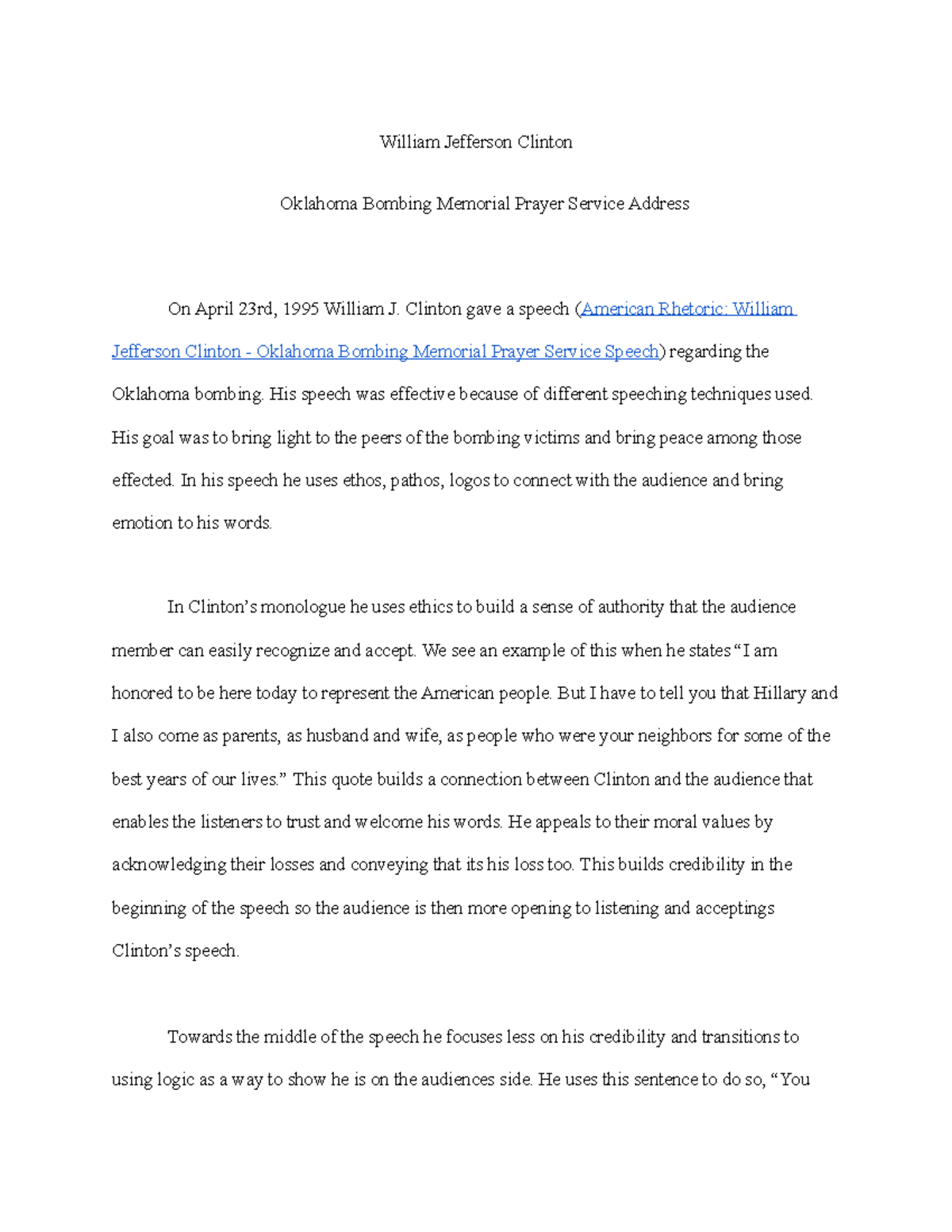 Speech Analysis of Clinton's Oklahoma Bombing Address (ENG 2) - Studocu