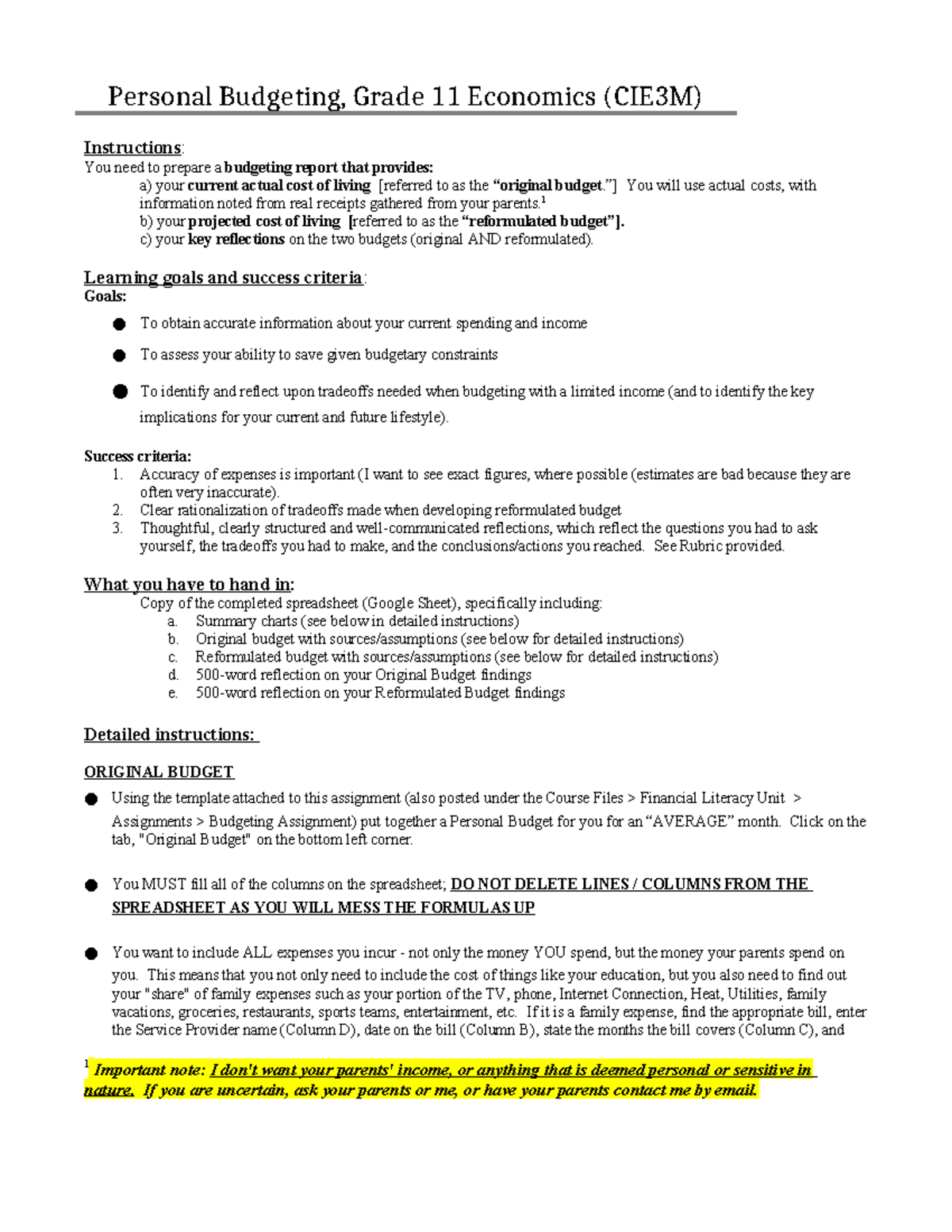2425 Personal Budgeting Assignment Instructions for CIE3M Grade 11 ...