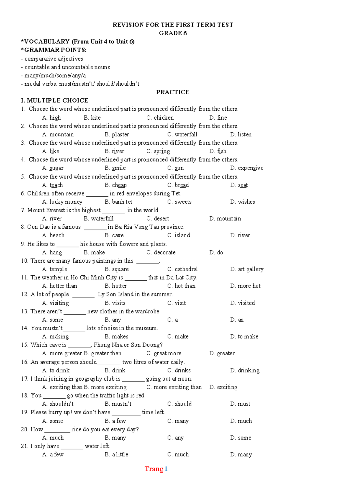 HK1 1 - Revision for Grade 6 First Term Test: Units 4-6 - Studocu