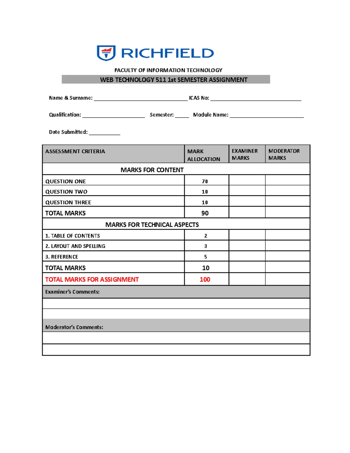 Richfield College Bursary Application Letter and Achievement ...