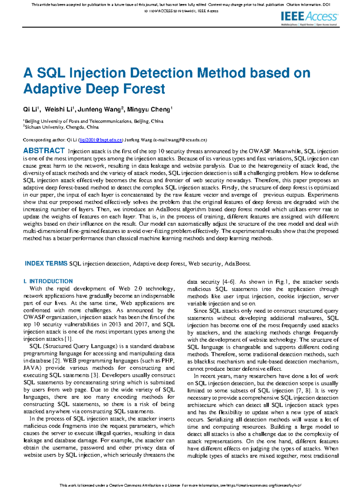 Adaptive Deep Forest-Based SQL Injection Detection Method (IEEE Access) - Studocu