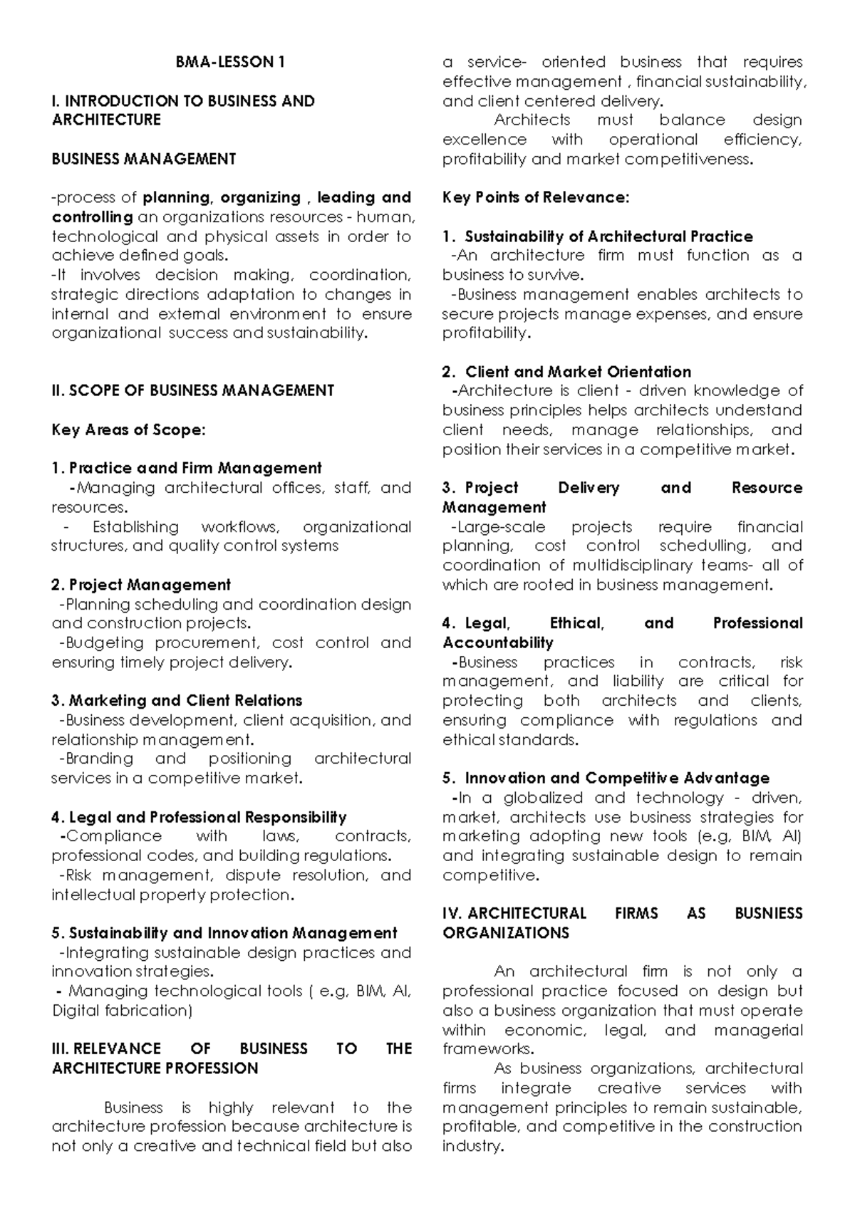 BMA- Lesson 1: Business Management in Architecture - Studocu
