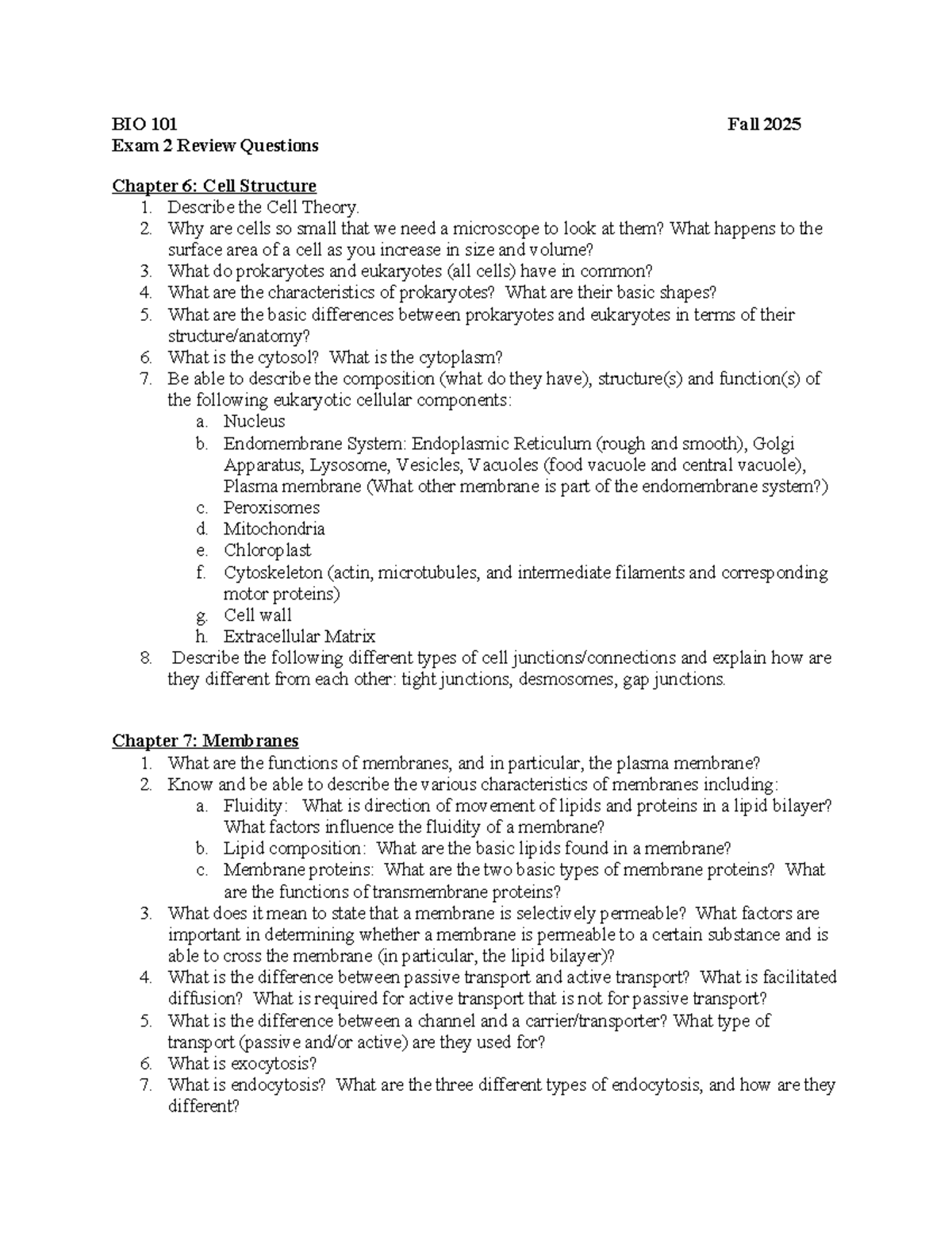 BIO 101 Fall 2025 Exam 2 Review: Cell Structure & Membrane Functions - Studocu