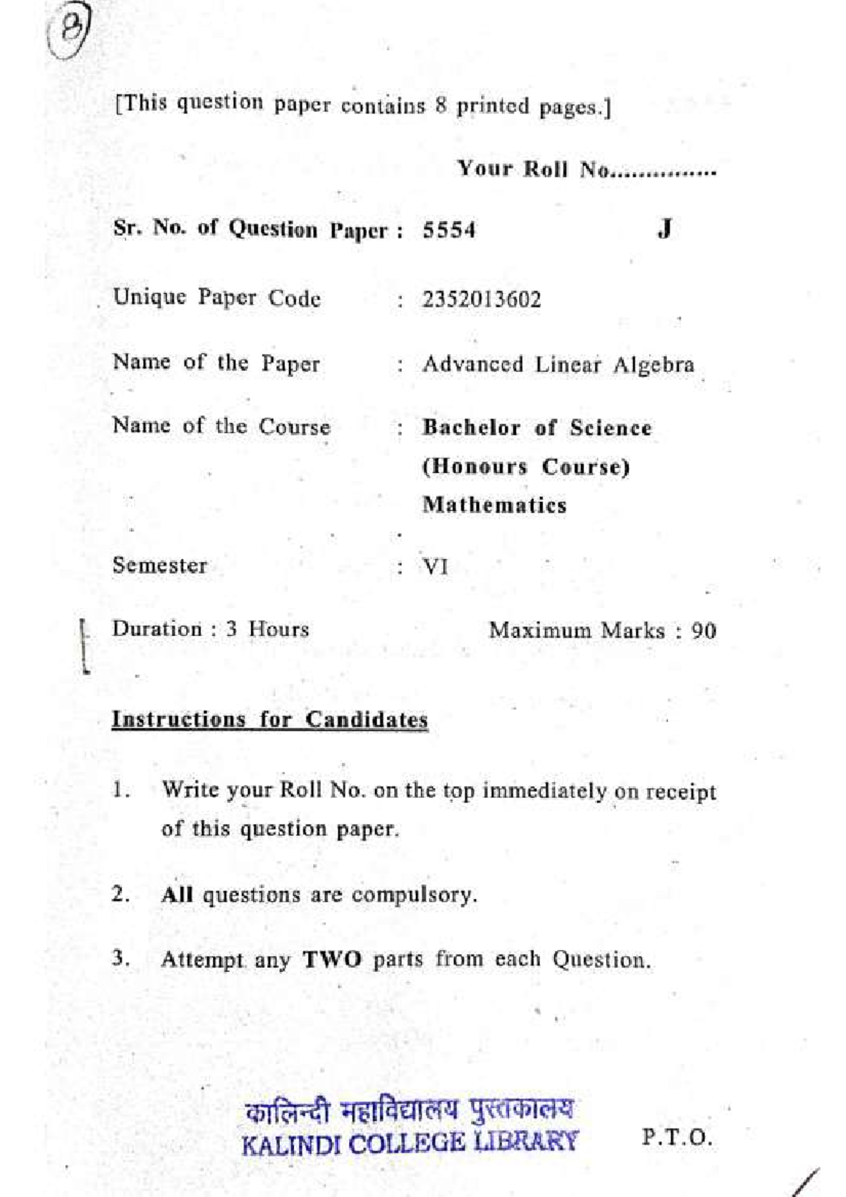Advanced Linear Algebra PYQ - B.Sc. (Hons) Math Sem VI - Studocu