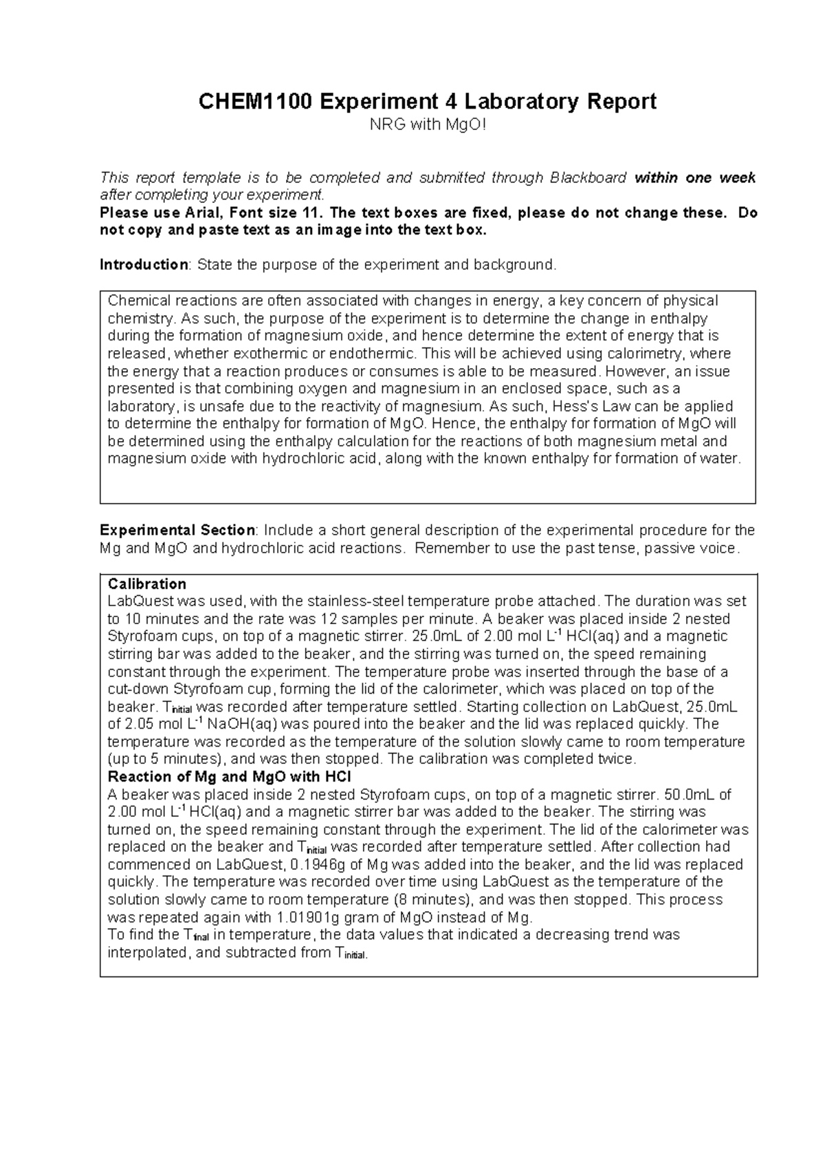 CHEM1100 Experiment 4 Lab Report: Enthalpy of MgO Formation - Studocu