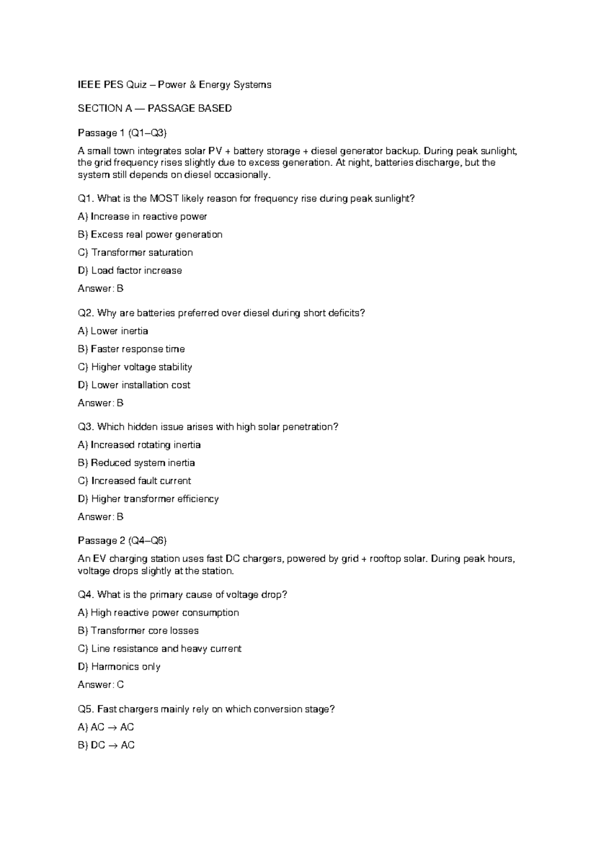 PES Quiz: Power Energy Systems Final Exam Questions and Answers - Studocu