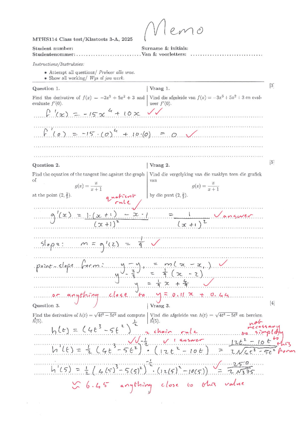 MTHS114 Class Test 3 Memo - 2025 Solutions and Derivatives - Studocu