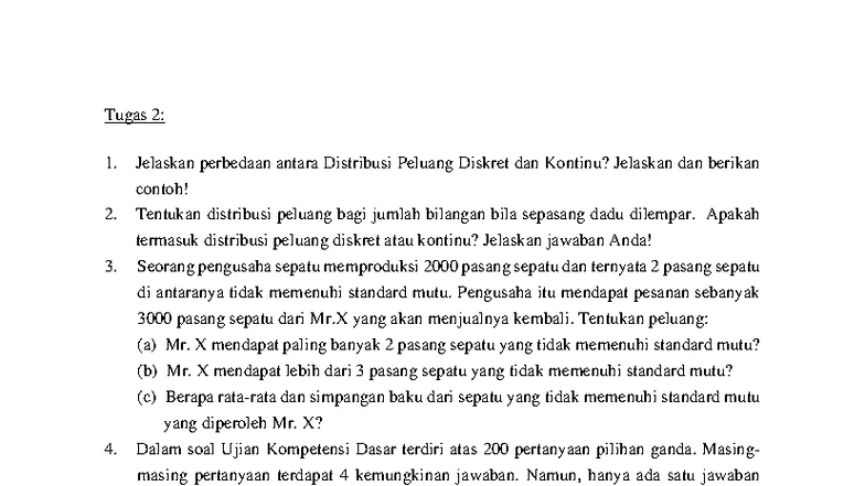 Tugas 2: Distribusi Peluang Diskret vs Kontinu dan Contoh Soal - Studocu