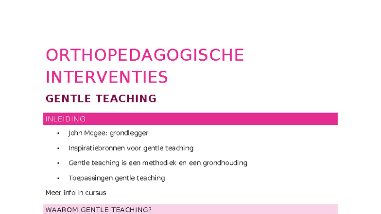 Gentle Teaching Interventies: Inleiding en Toepassingen (Cursus) - Studocu
