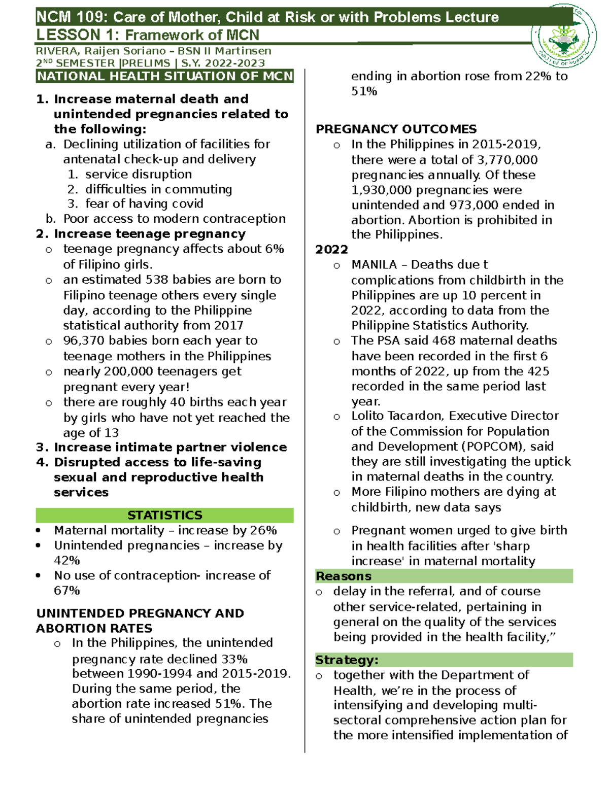 Lesson 1 Framework - NCM 109: Care of Mother, Child at Risk or with Problems Lecture LESSON 1 ...