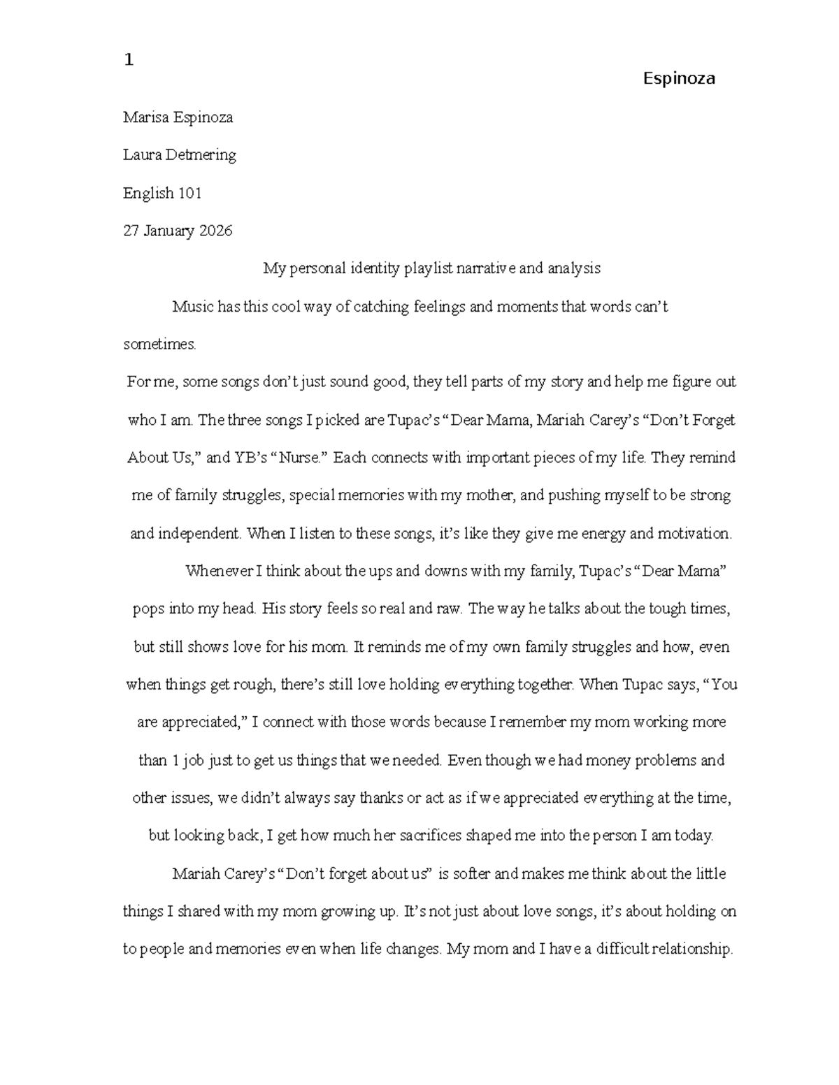 English 101: Personal Identity Playlist Narrative Essay - Studocu