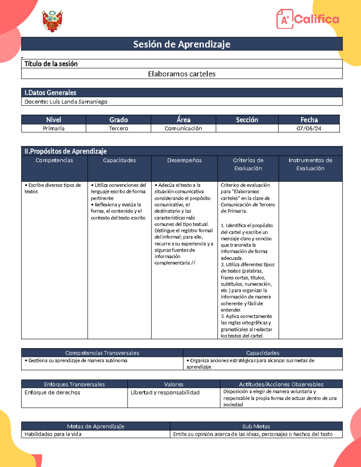 Sesión de Aprendizaje: Elaboramos Carteles en 3° de Primaria - Comunicación - Studocu