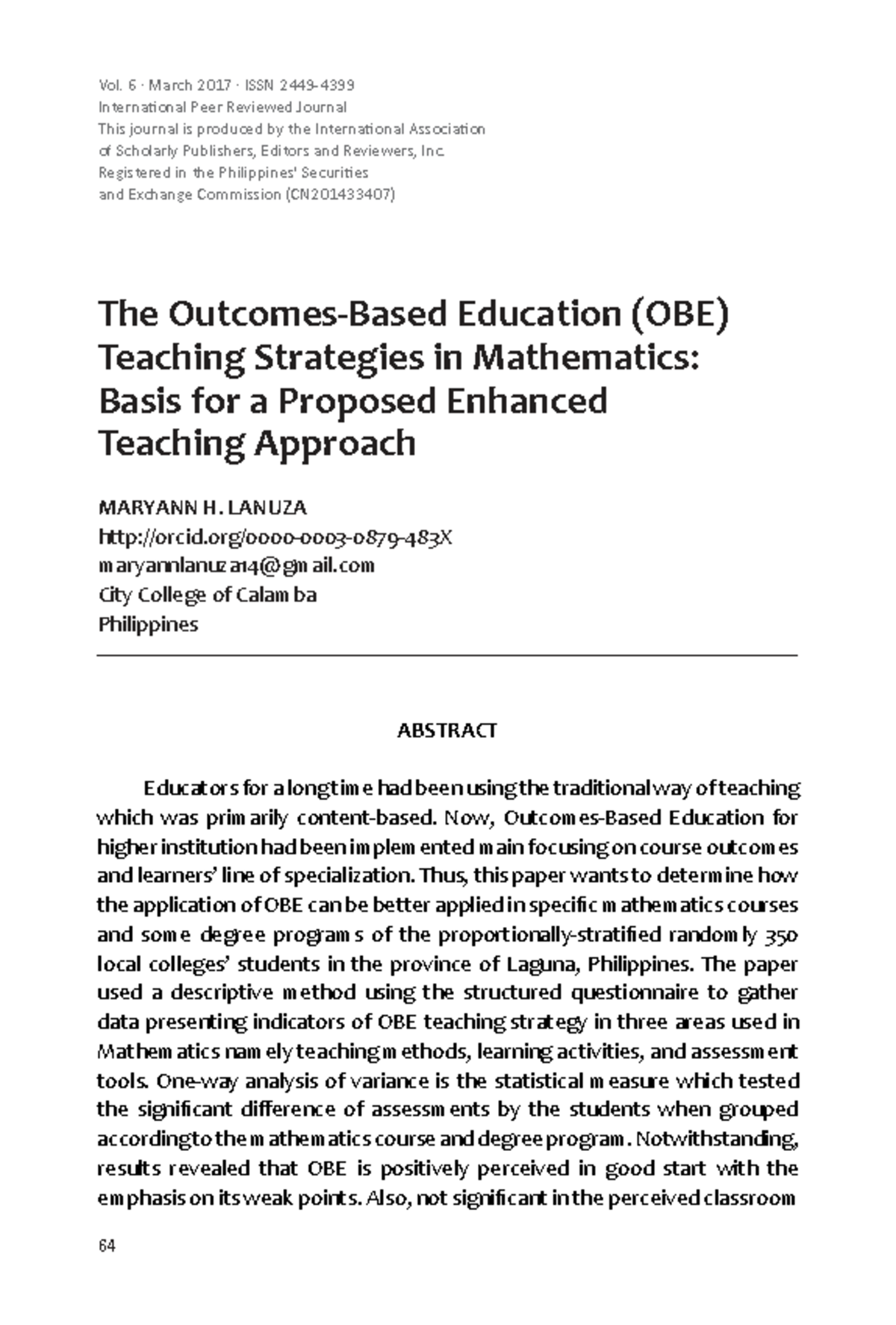 "OBE Teaching Strategies in Mathematics: Insights from Local Colleges ...