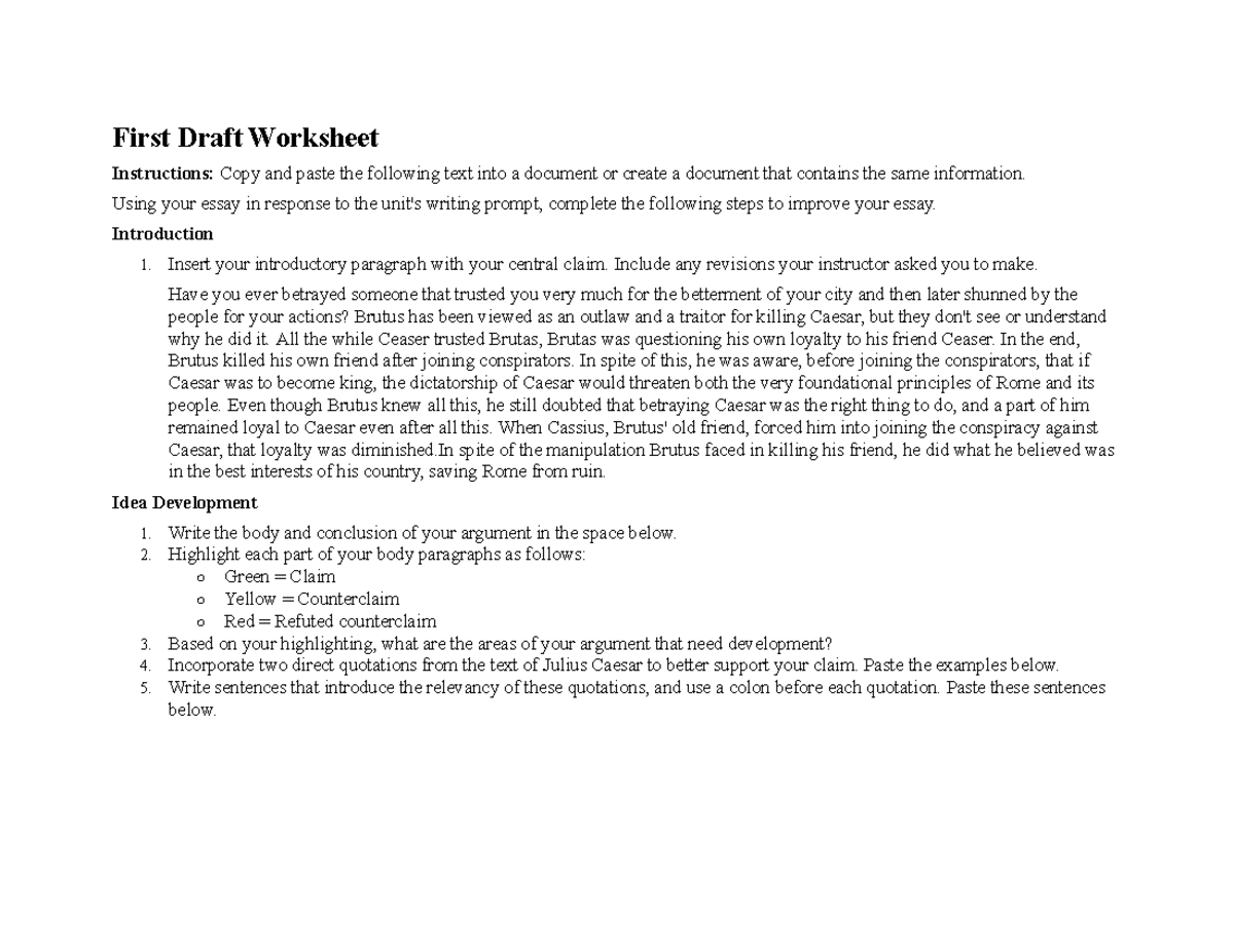04.11 Argument Development Worksheet for Essay on Julius Caesar - Studocu