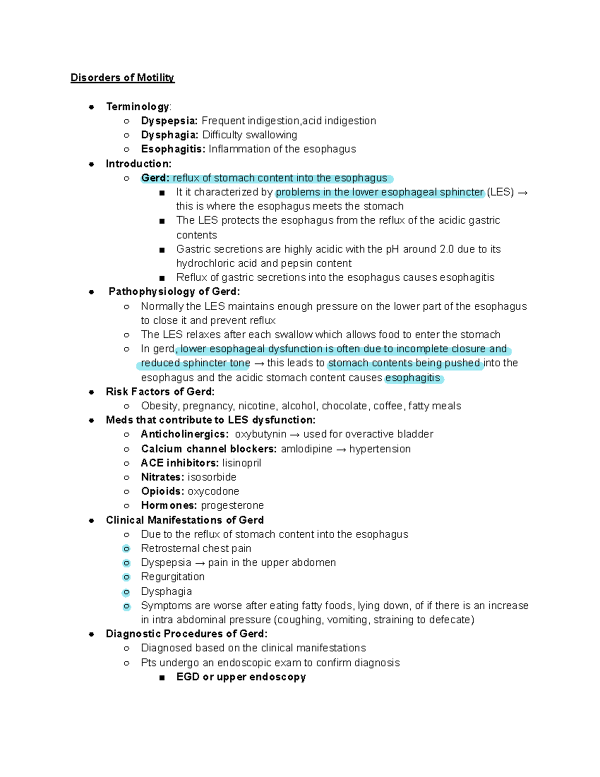 Pharm 2 WK 1: Disorders of Motility & GERD Overview - Studocu