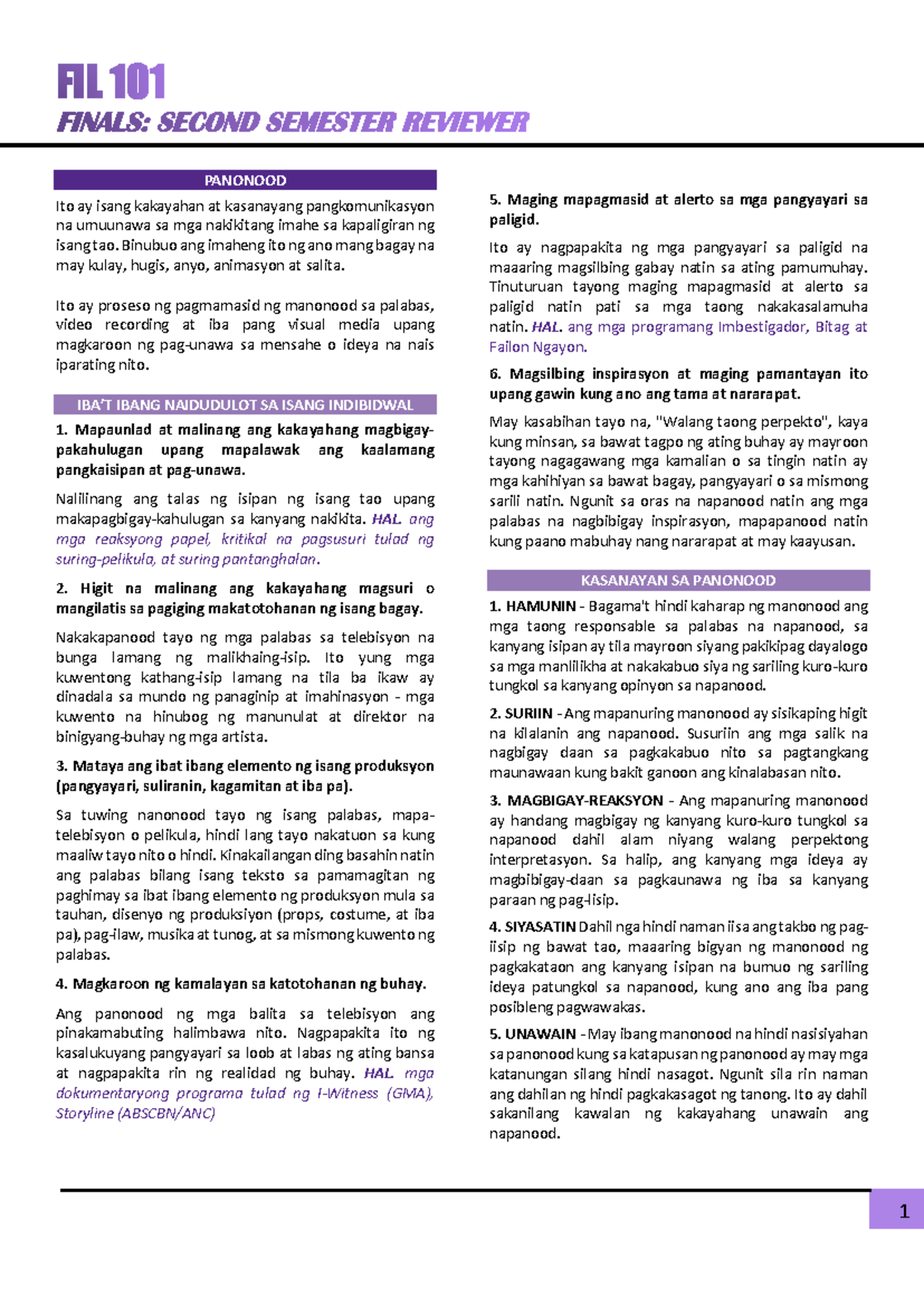 FIL 101 - Final Exam Reviewer on Communication Skills in Viewing - Studocu