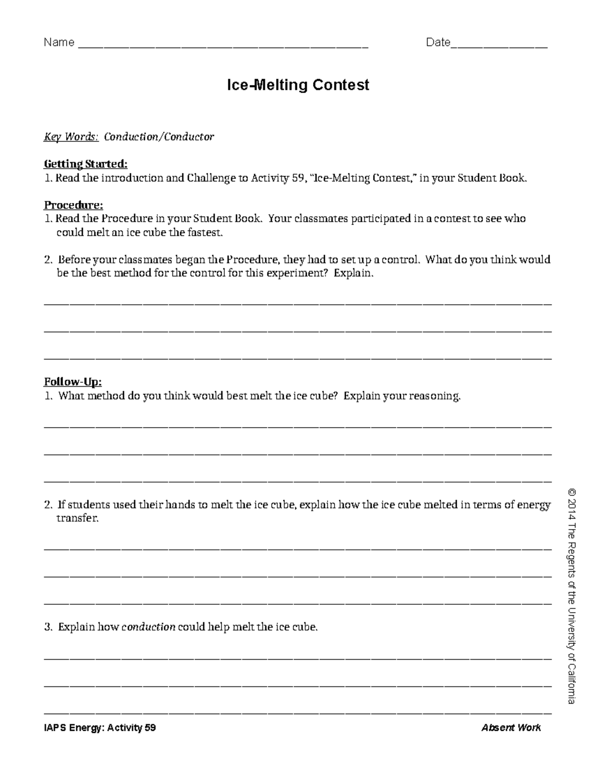 Ice-Melting Contest Activity 59: Understanding Energy Transfer Concepts ...