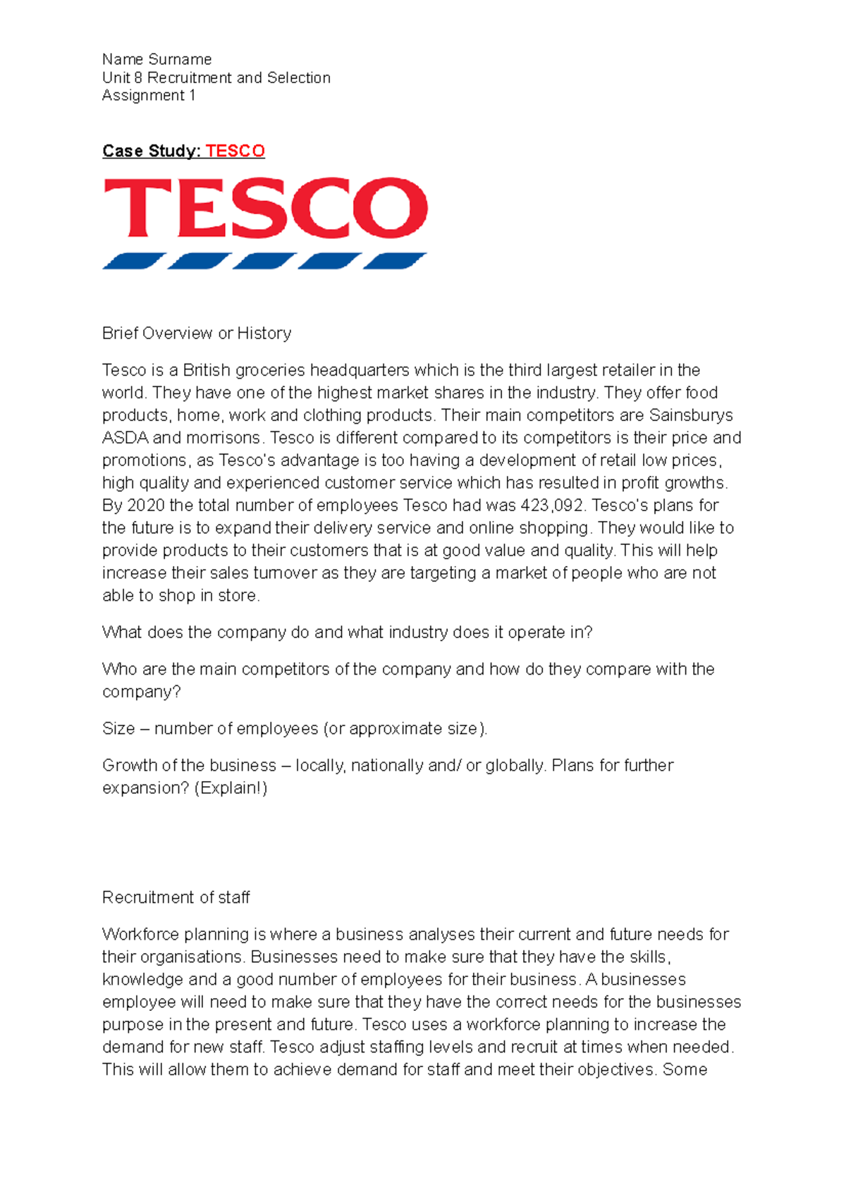 Tesco unit 8 assignment 1 - Unit 8 Recruitment and Selection Assignment ...