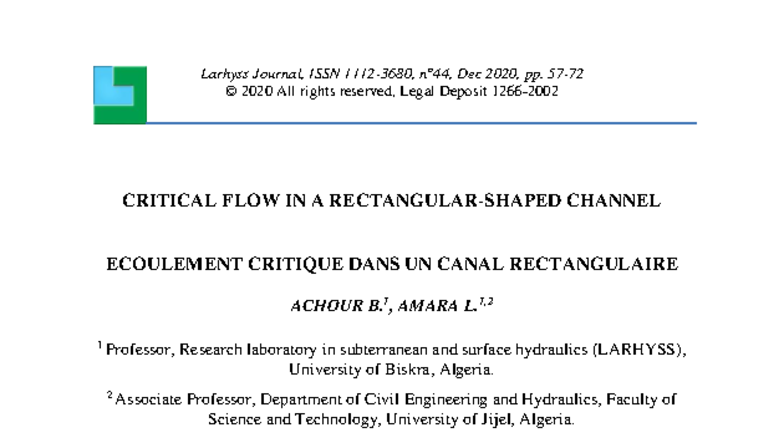 Critical Flow Analysis in Rectangular Channels - ENG 2020 - Studocu