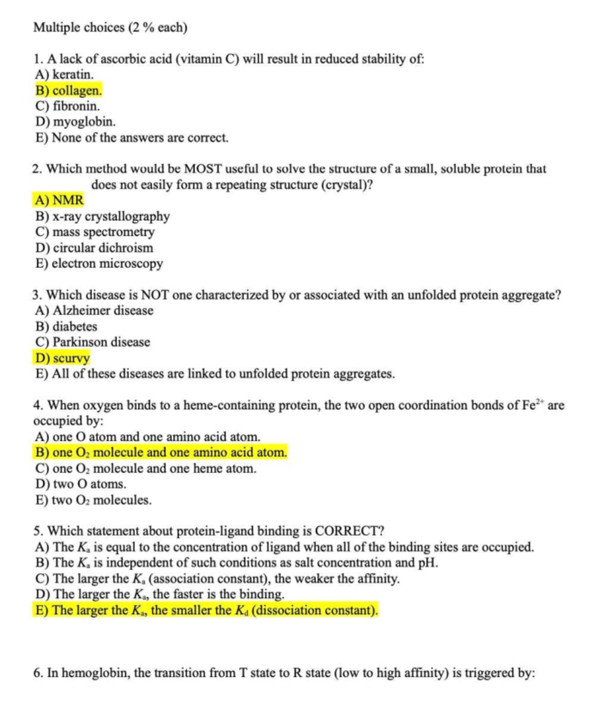 Exam 2 - multiple choice questions on protein structure and function ...