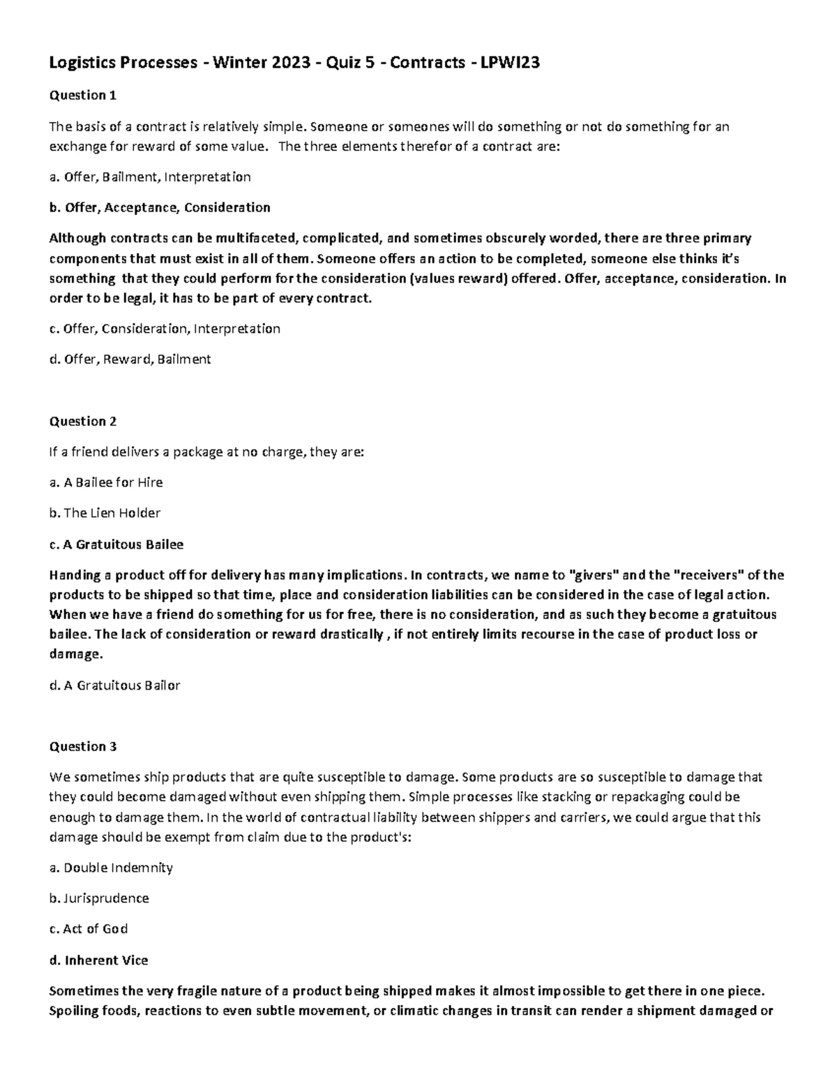 Quiz 1 - 5 - CITT quizzes - Logistics Processes Module 1 – Transportation Management QUIZ 1. In ...
