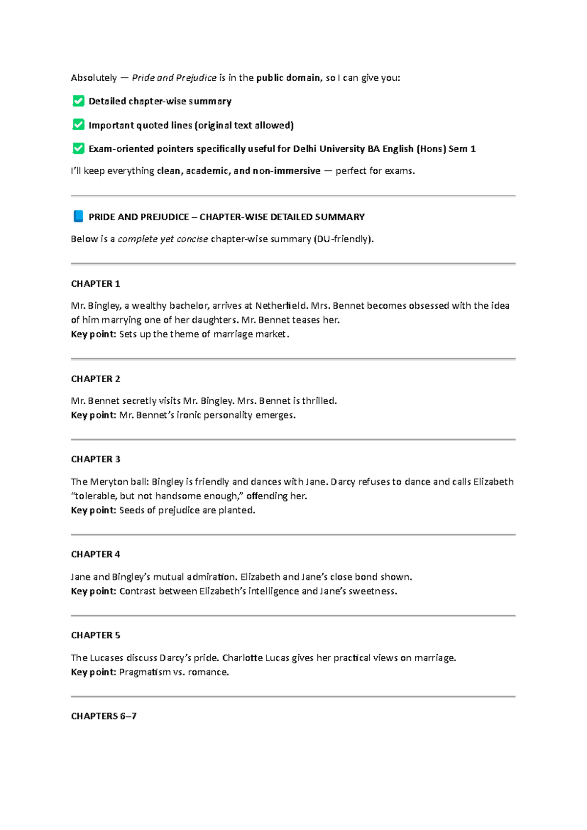 Pride and Prejudice (BA English Hons Sem 1) - Detailed Summary & Exam ...