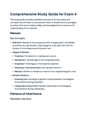Exam 4 Study Guide: Meiosis, Genetics & Molecular Biology Concepts ...