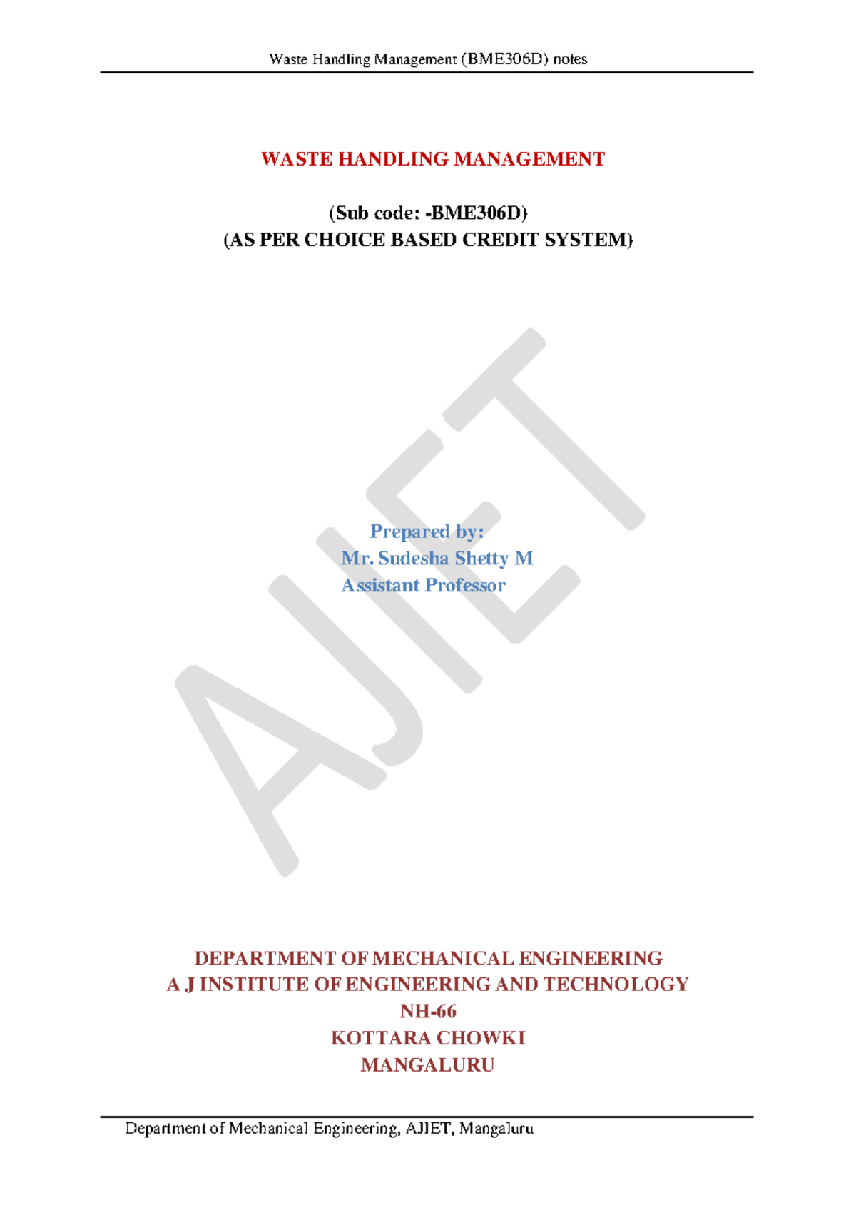 Waste Handling Management Notes (BME306D) - Comprehensive Guide - Studocu