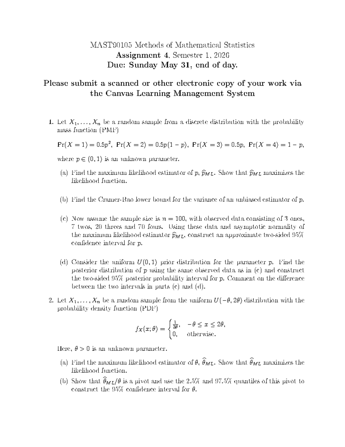 MAST90105 Methods of Mathematical Statistics Assignment 4 Analysis ...