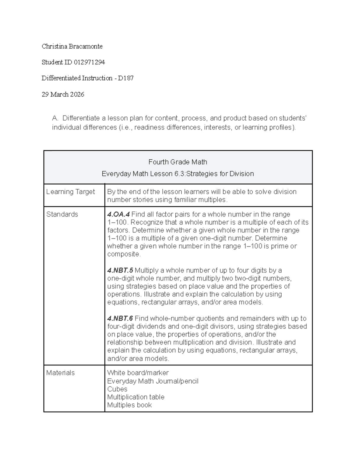 D187 Task 3: Differentiated Lesson Plan for 4th Grade Math - Studocu