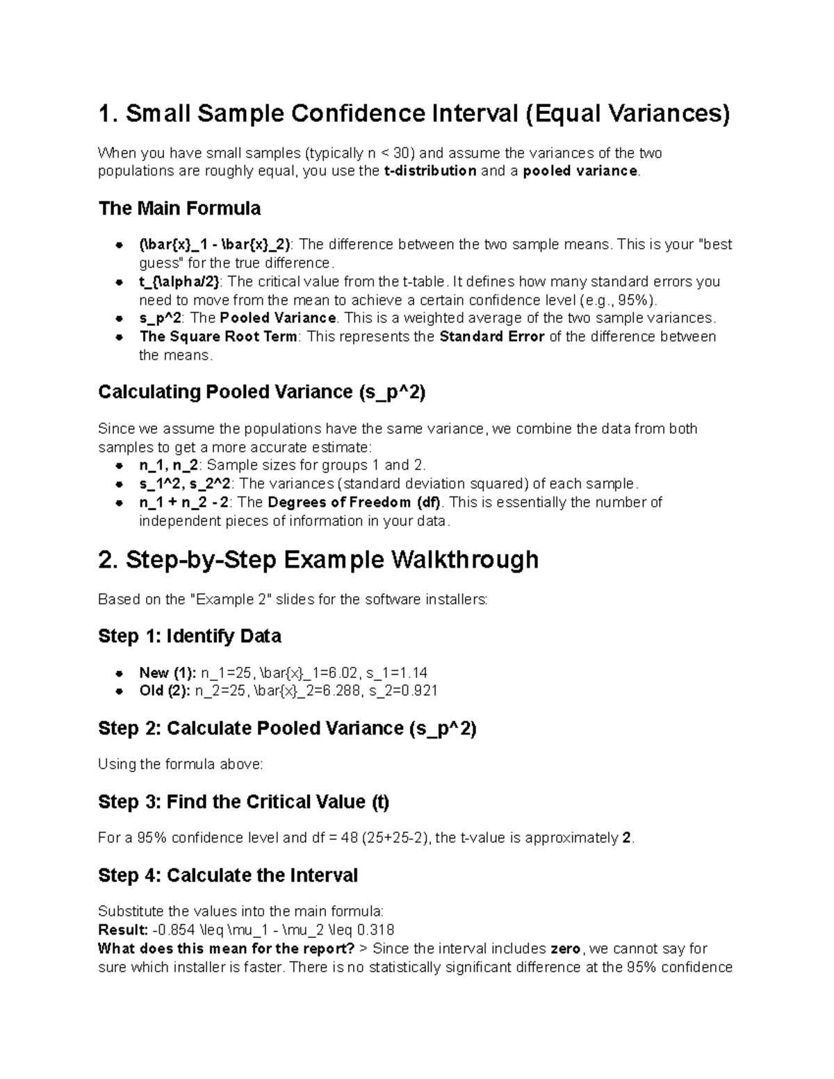 Small Sample Confidence Interval (Equal Variances) - Stats 101 - Studocu