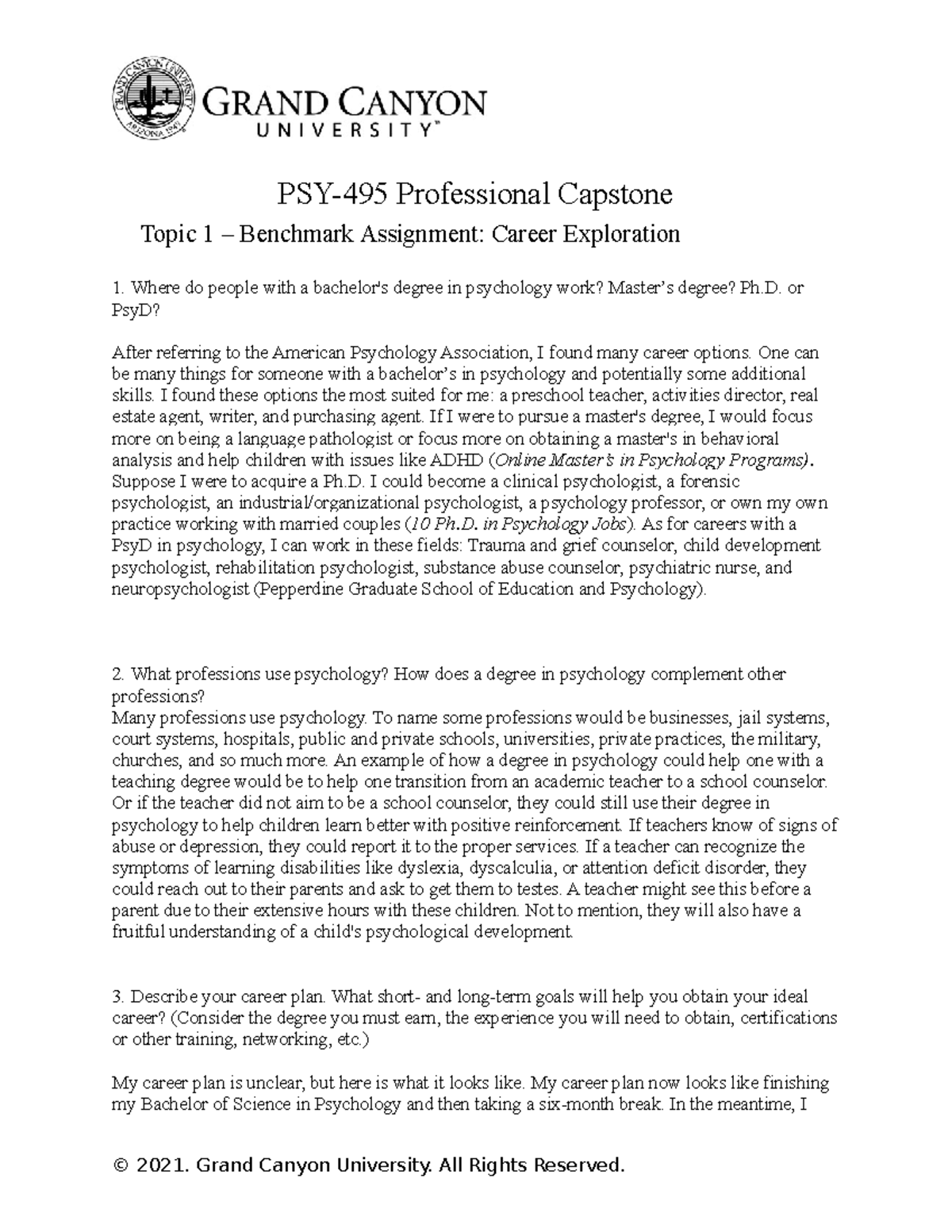 PSY-495 Capstone: Career Exploration and Future Goals in Psychology ...