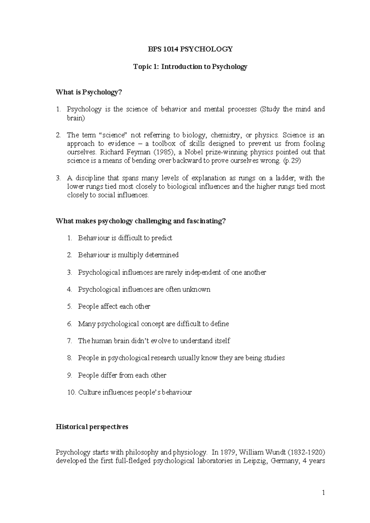 Topic 1 intro to psychology - BPS 1014 PSYCHOLOGY Topic 1: Introduction ...