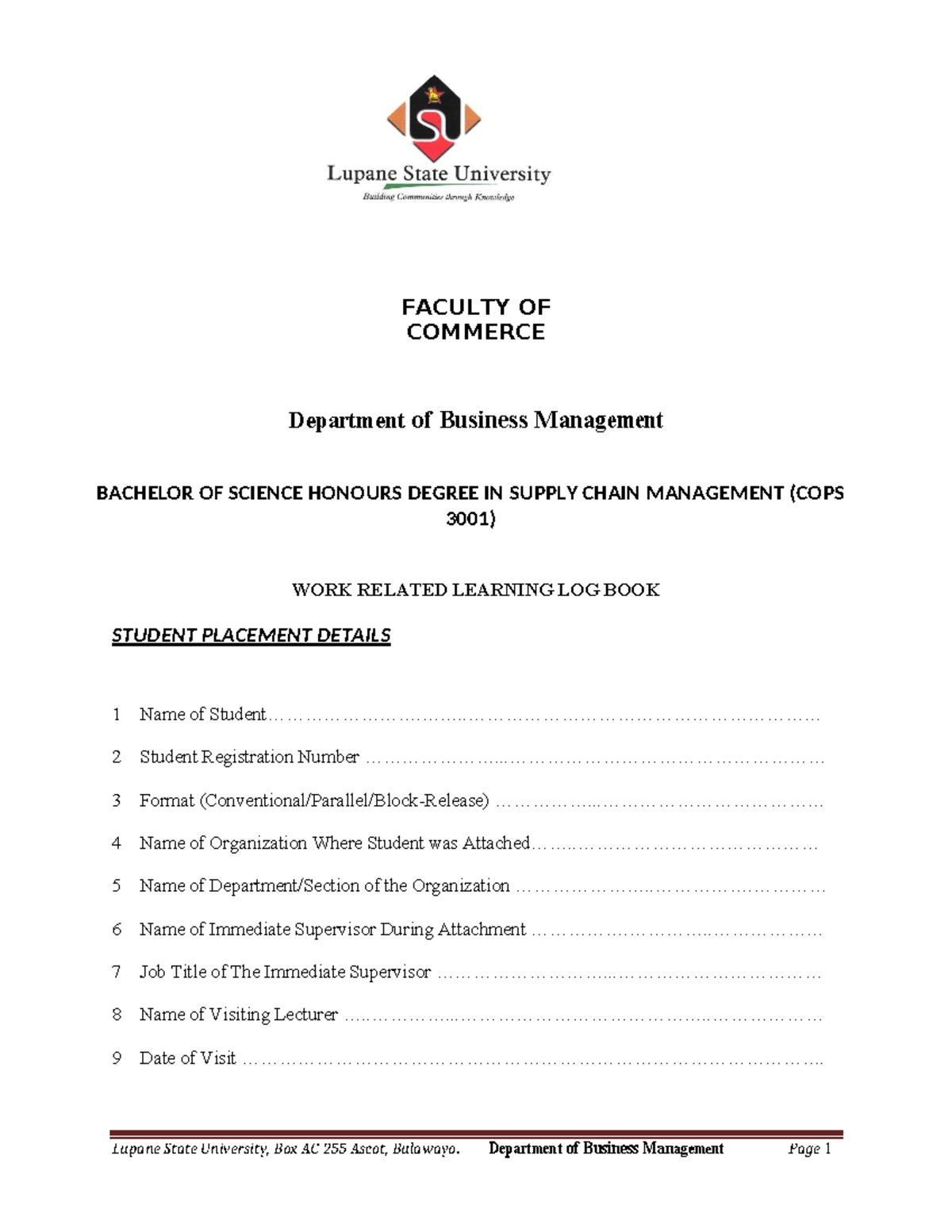 SCM 3001 Work Related Learning Log Book - Student Placement Details ...