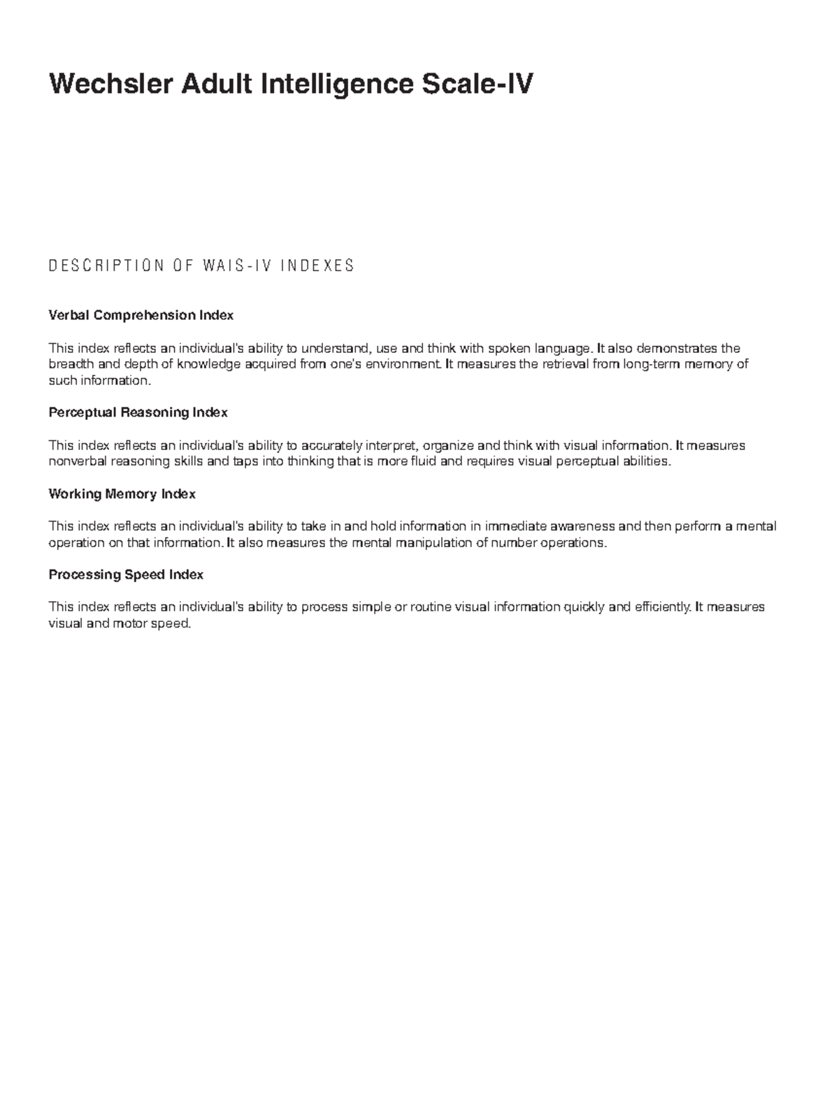 WAIS-IV Indexes & Subtests Description for Assessment (PSY 101) - Studocu